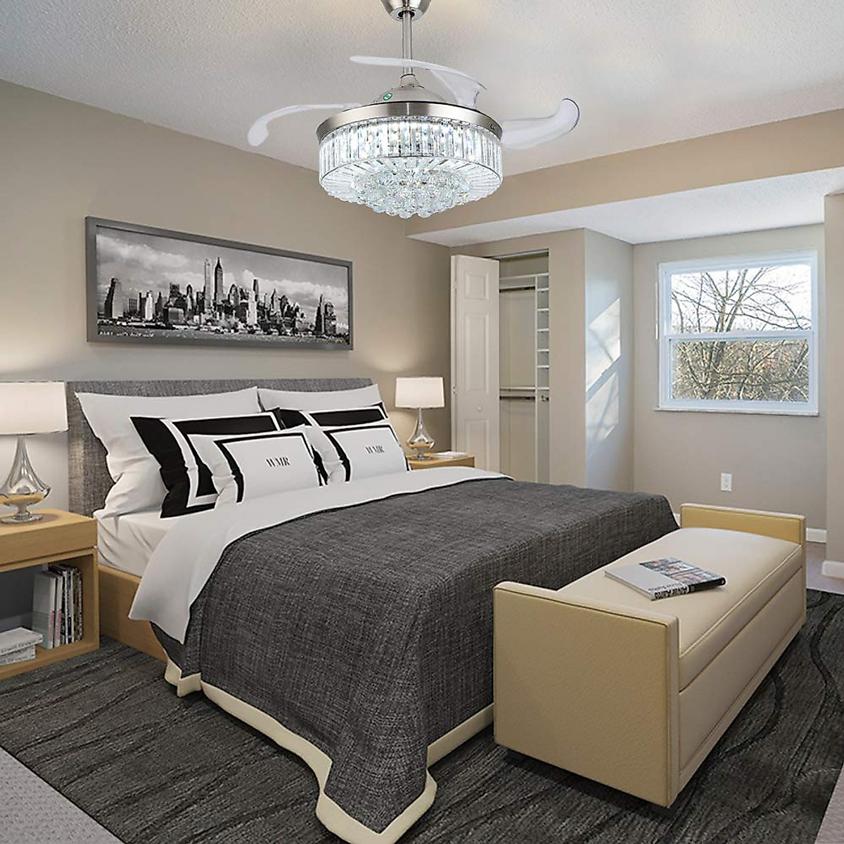 Crystal Retractable Ceiling Fans Light and Remote Invisible LED Fandelier Crystal Chandelier Fan for Living Room Dining Room Hall-Polished Chrome 42 Inches (Silver)