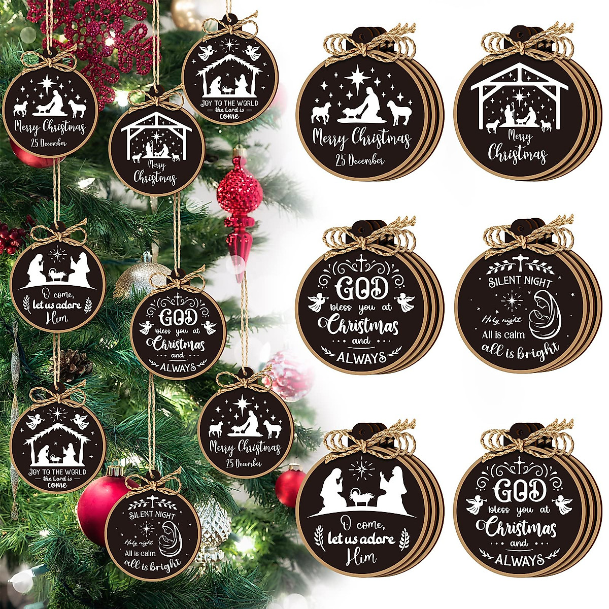 24 Pcs Nativity Christmas Tree Ornaments Religious Christmas Nativity Scene Set The Birth of Jesus Christmas Decorations Wooden Nativity Scene Christmas Tree Ornament (Classic Style)