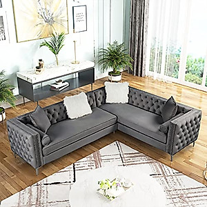 Morden Fort Tufted Velvet Couch Sectional Sofa Couches Mid Century Modern L-Shape Corner Sofa Set for Living Room, Bedroom, Office, Apartment