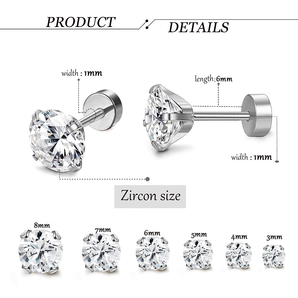LOYALLOOK 11Pairs Stainless Steel Ear Stud Piercing Hoop Earrings Set Cute Huggie Earrings Cubic Zirconia Cartilage Barbell Stud Earring Screw Flat Back Earrings