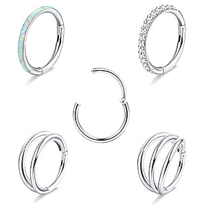 THUNARAZ 18G 16G Nose Rings Hoop for Women Men Surgical Steel Septum Rings CZ Opal Cartilage Hoop Earrings Daith Conch Clicker Nose Rings Septum Body Piercing Jewelry 8mm 10mm