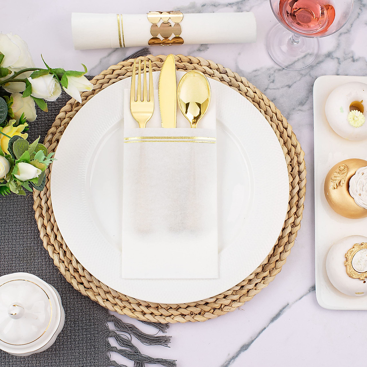 Nervure 100PCS Gold Paper Napkins with Built-in Flatware Pocket - White and Gold Prefolded Cloth Like Disposable Napkins - Heavy-duty Linen-Feel Dinner Napkins for Party & Wedding & Dinner