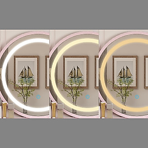 ECACAD Vanity Desk Set with LED Lighted Round Mirror, Makeup Dressing Table with 5 Drawers, Storage Shelves & Cushioned Stool for Bedroom, Pink