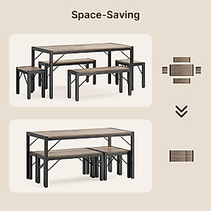 Gizoon 63" Dining Room Table Set for 6, Kitchen Table with 2 Benches and 2 Stools, Dining Table Set with Metal Frame, Space-Saving Kitchen Table Set for Apartment, Grey