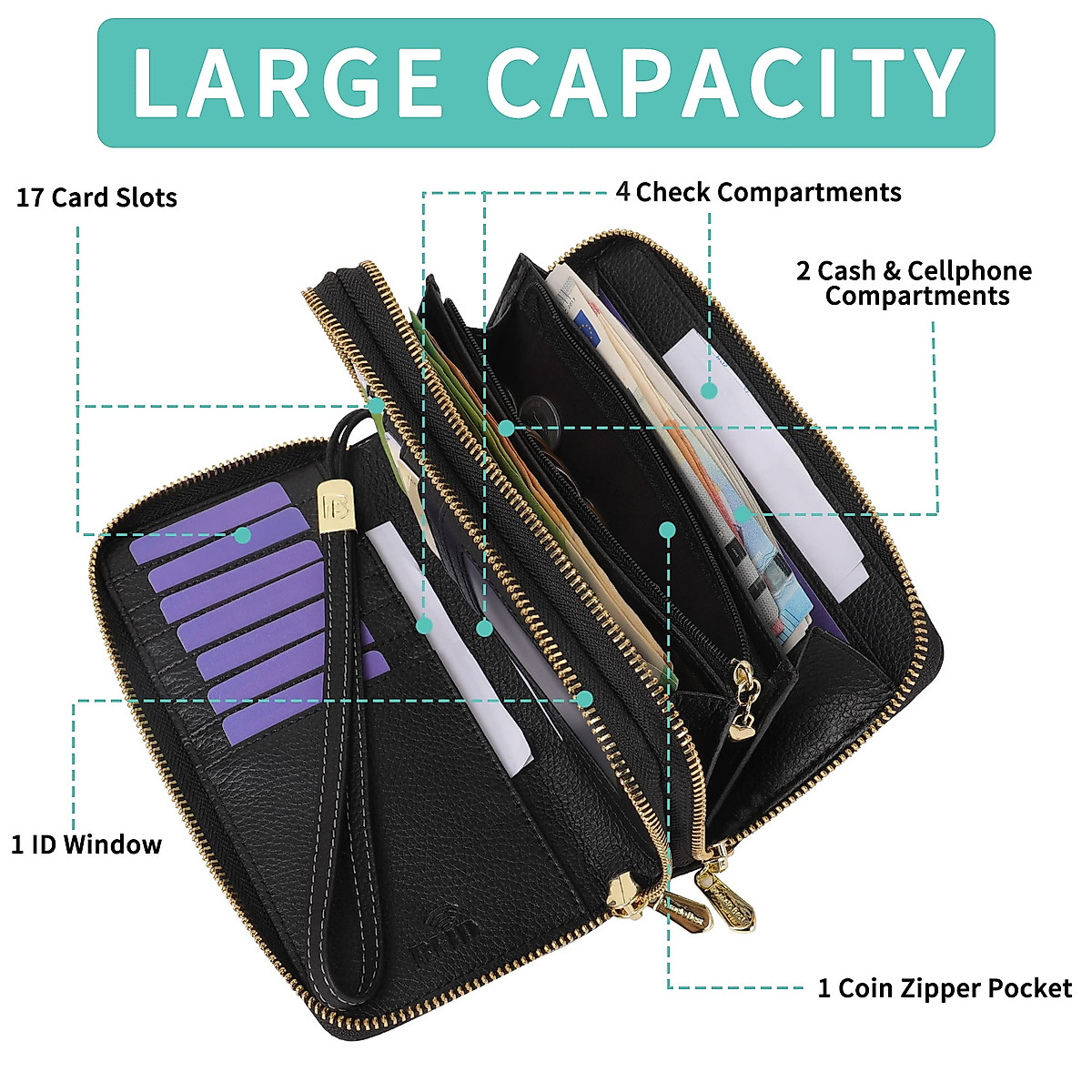 Pomelo Best Real Leather Women's Wallet with Camellia Ornament, RFID Blocking, Coin Pocket, Black, L