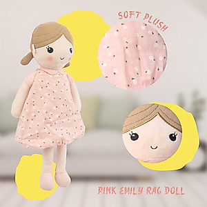 Linzy Toys, Soft Plush Light Pink Blue Emily Rag Doll for Girl, 15" My First Rag Doll, Muñecas de Trapo para Niña, Embroidered Face, Safe for All Ages (89835)