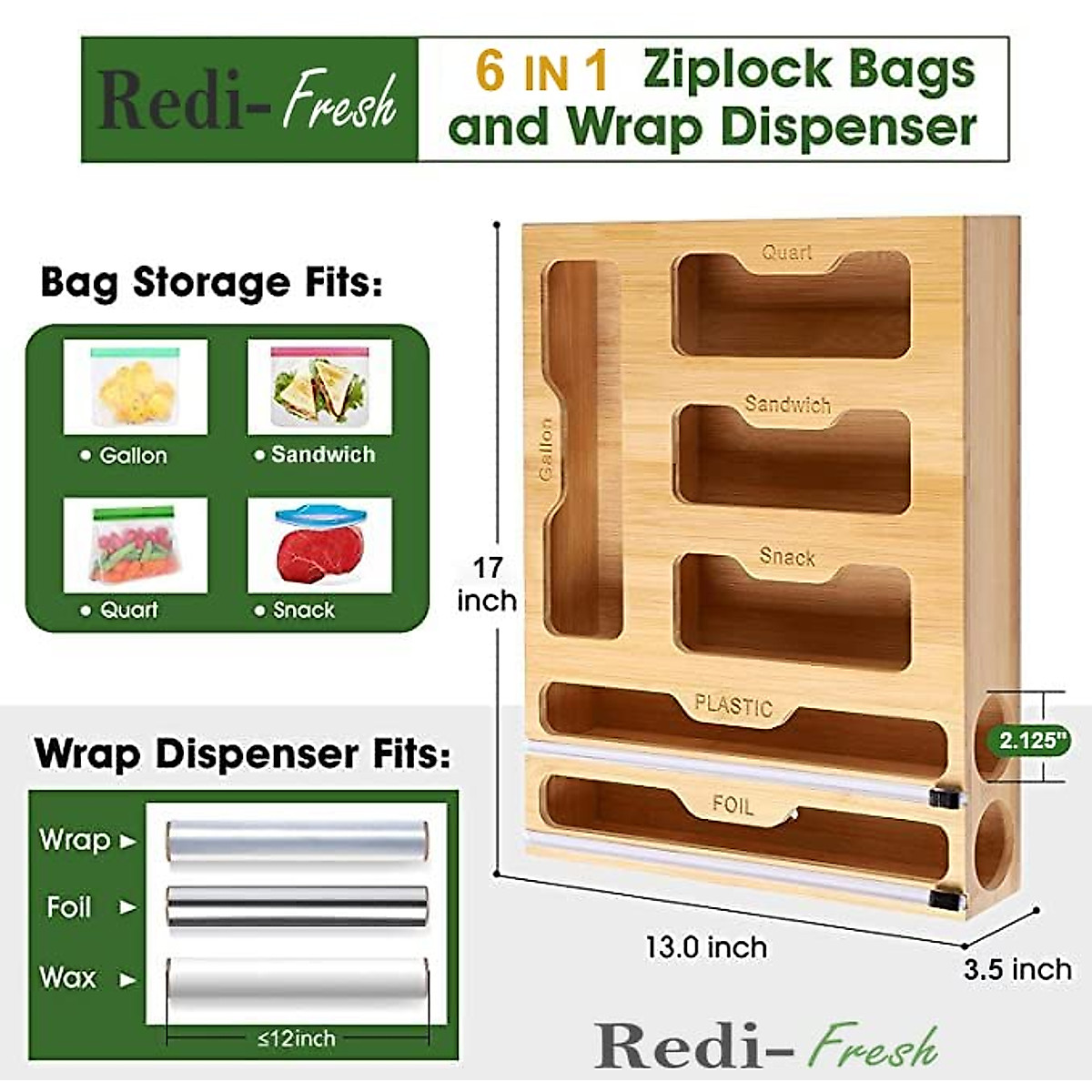 Bamboo Ziplock Bag Organizer | Foil and Plastic Wrap Organizer | Bamboo 6-in-1 Sandwich Bag Organizer Dispenser For Drawer, Wall | Kitchen Pantry Organization Storage| 12" X 2.125" Standard Rolls only
