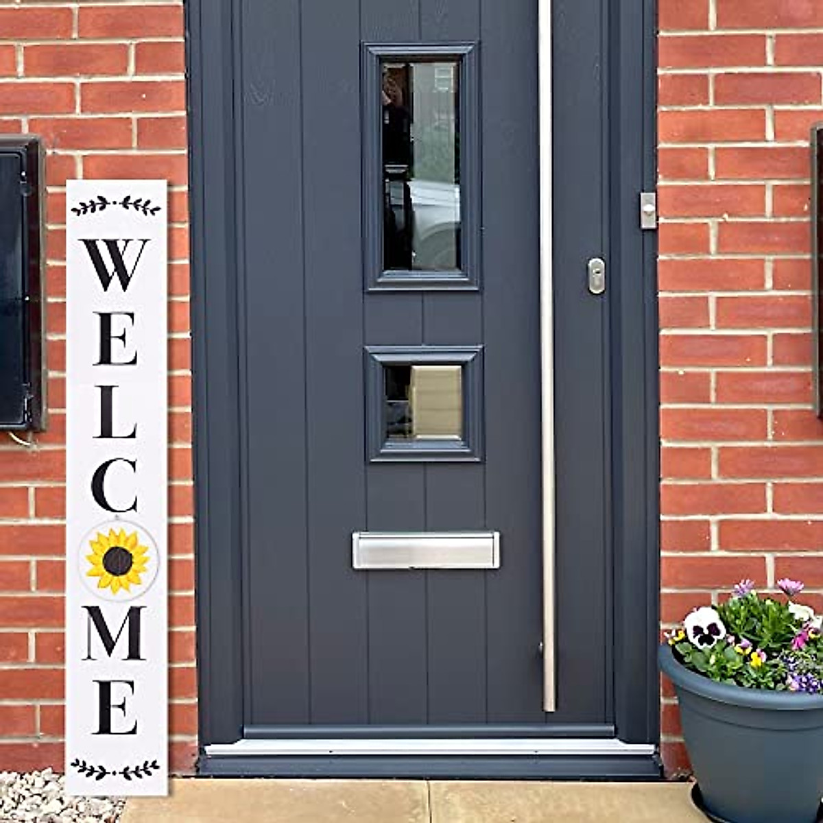 Monjita Welcome Sign for Front Porch Standing, Interchangeable Welcome Standing Sign with 5 Designed Double-Sided Icons for Front Door, All Seasonal Farmhouse Rustic Modern Porch Decor for Fall Harvest Thanksgiving Christmas, 47 x 7.9 Inch Wooden Vertical