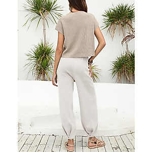 Ugerlov Women's Two Piece Outfits Sweater Sets Knit Pullover Tops and High Waisted Pants Lounge Sets, White, S