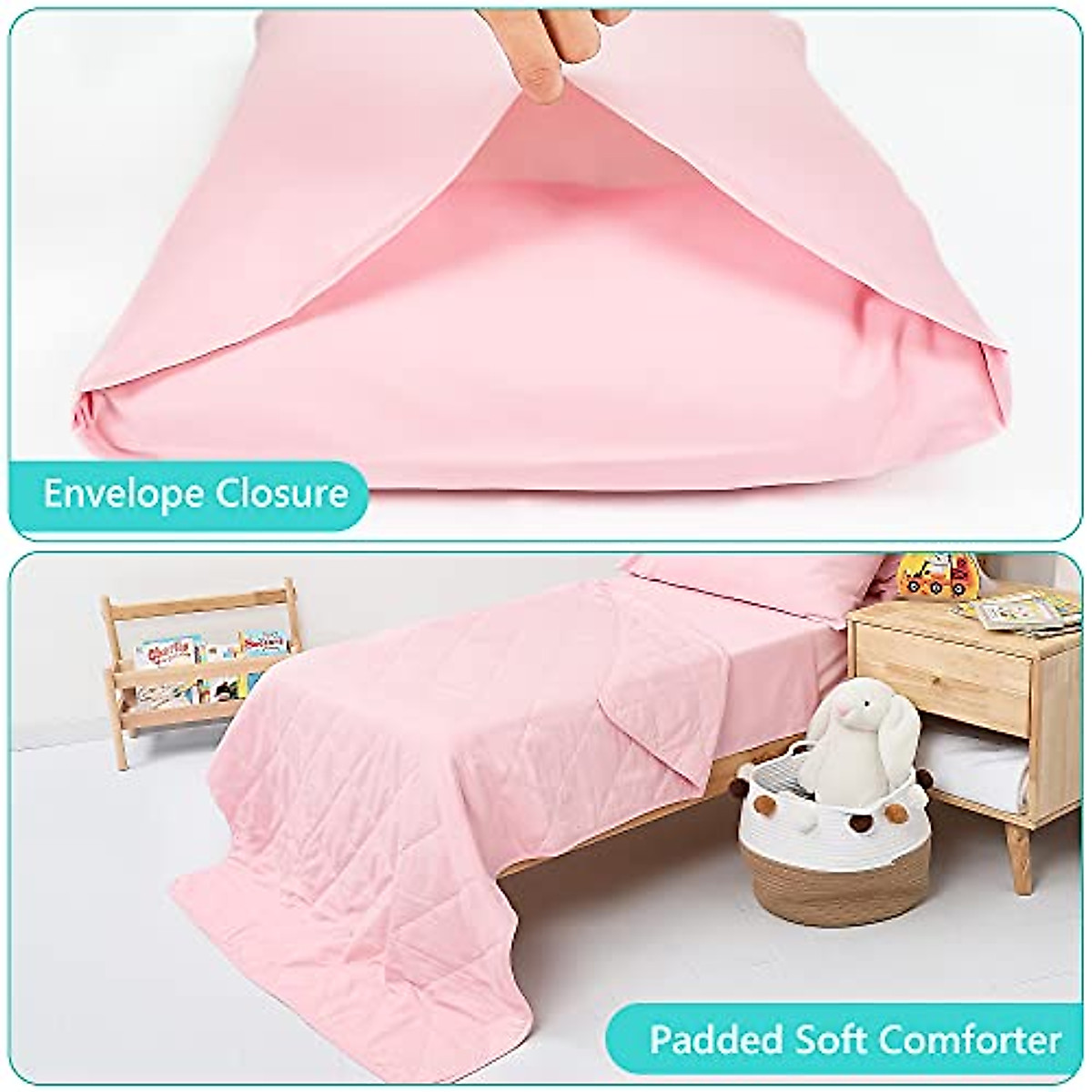 TILLYOU 5-Piece Solid Toddler Bedding Set for Boys or Girls, Bed-in-a-Bag Microfiber Comforter Set, Includes 1 Top Flat Sheet, 1 Mattress Sheets, 1 Padded Quilt and 2 Envelope Pillowcases, Pink