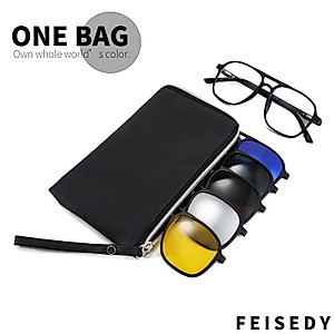 FEISEDY Magnetic Clip on Sunglasses TR90 Square Aviator Frame TAC 5pcs Replacement Lens Set Sunglasses for Men Women Day & Night Driving B2884