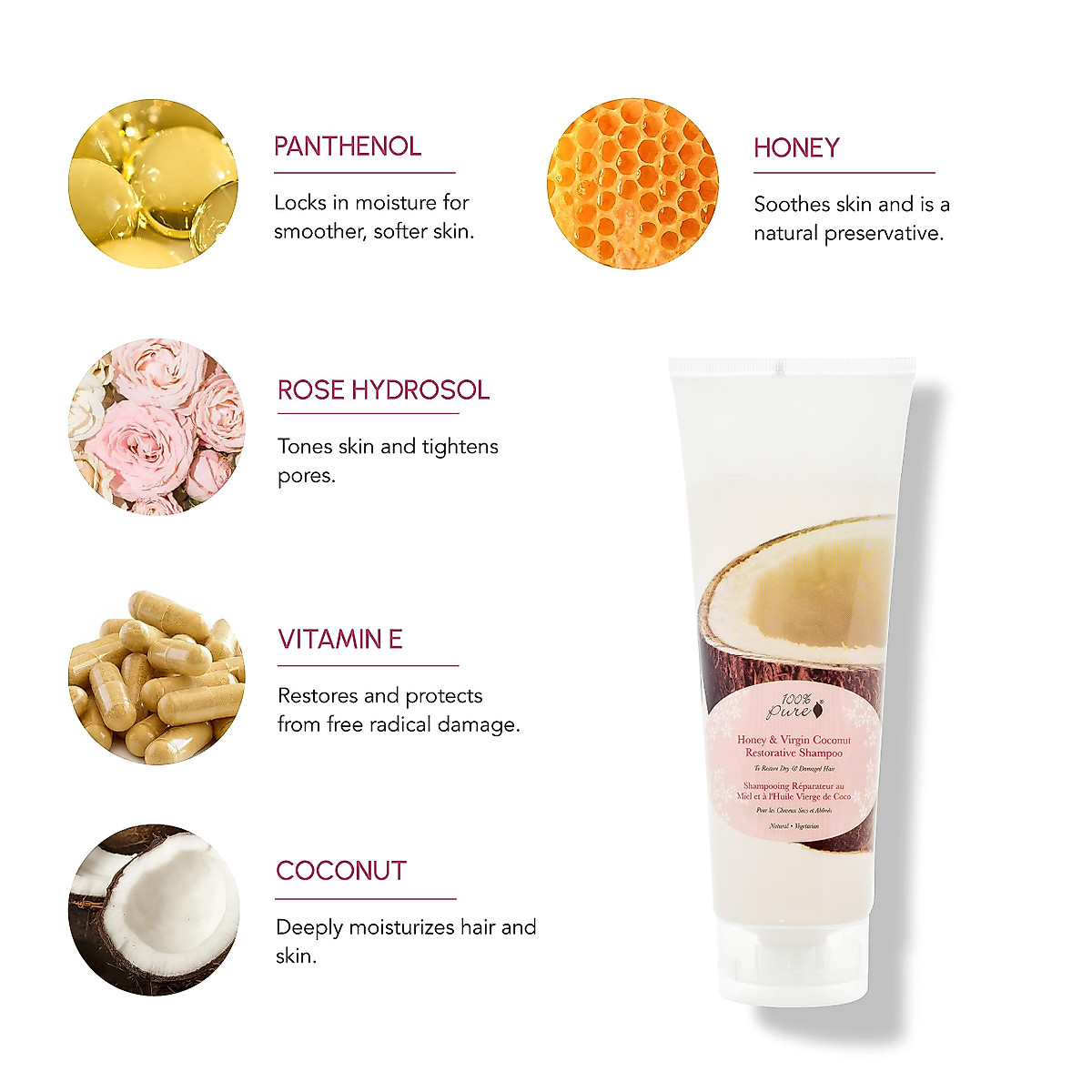 100% PURE Honey & Virgin Coconut Restorative Shampoo & Cleansing Detox Helps Restore Damaged Hair, Replenish Moisture & Body Healthy Hair Growth for Women & Men - Sulfate Free - 8 Fl Oz