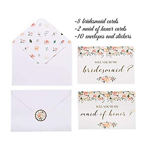 Bridesmaid Proposal Cards. Box set of 8 Will You Be My Bridesmaid and 2 Maid of Honor Cards. 4 x 6 Floral Cards with Gold Foil Ideal for Bridal Party or to go with Bridesmaid Gifts