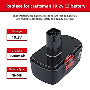 VANON [Upgraded to 3.6Ah] 2Pack DieHard C-3 Ni-MH Replacement for Craftsman 19.2 Volt Battery 1323903 130279005 130279003 130279017 1323517 315.11375 315.11485 315.113753 315.115410