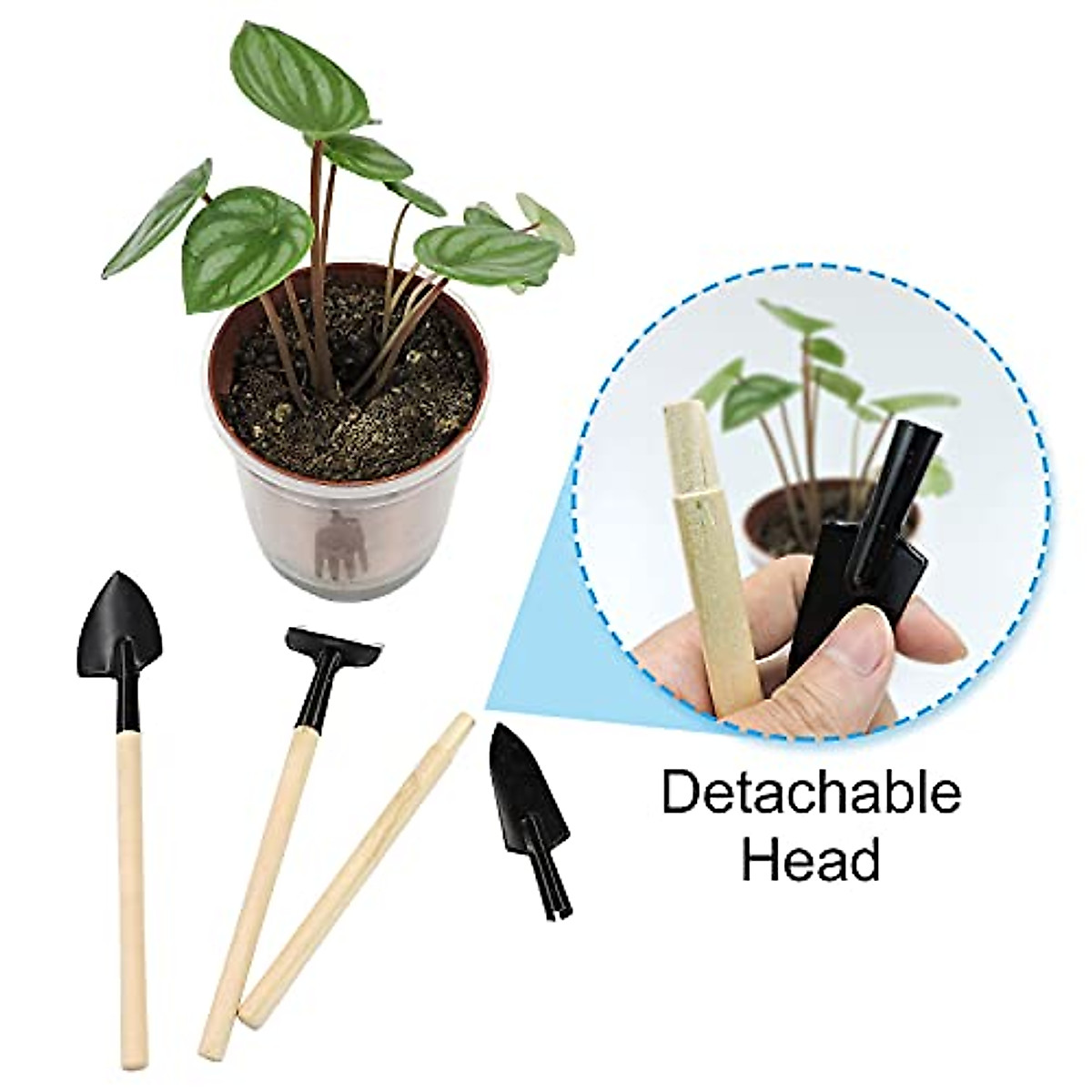 Andiker Mini Gardening Tools, 3pcs Portable Garden Hand Tools Set, Miniature Gardening Rake Trowel and Shovel for Seedlings, Bonsai, Succulents, Herbs, Terrariums and Planting (3pcs)