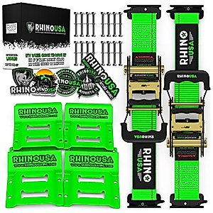Rhino USA Wheel Chock Tie Down Kit (1,986lb Break Strength) Ultimate Heavy Duty Trailer Tire Straps System for ATV, UTV, Lawn Mower & More - Ratchet Tie Downs Accessories with E Track for Four Wheeler