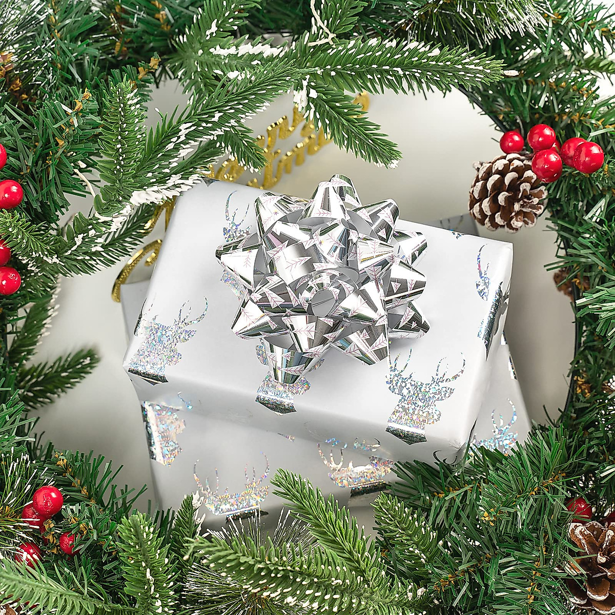 RUSPEPA Christmas Wrapping Paper, Jumbo Roll Wrapping Paper - White Shiney Reindeer Design for Holiday Gift Wrap - 24 Inches x 100 Feet