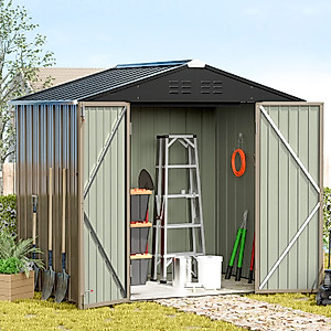 Greesum Metal Outdoor Storage Shed 8FT x 6FT, Steel Utility Tool Shed Storage House with Door & Lock, Metal Sheds Outdoor Storage for Backyard Garden Patio Lawn (8’x 6'), Brown