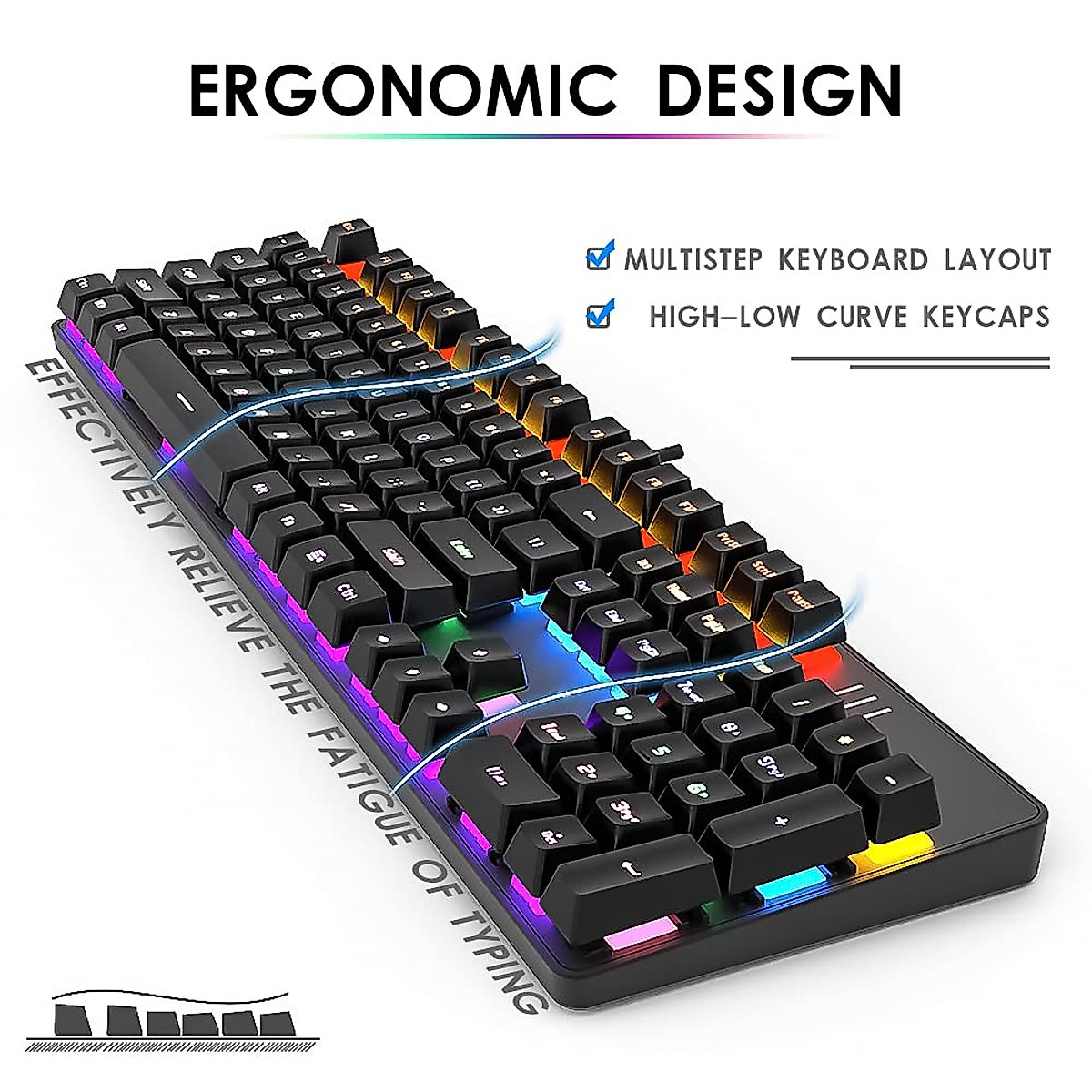 Alkem Mechanical Gaming Keyboard with Rainbow Backlit 104 Keys Gaming Keyboard USB Wired Keyboard with Blue Switch Anti-Ghosting Full Size Keyboard for Windows PC MAC Games (Black)