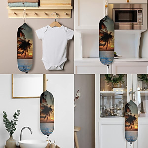 Plastic Bag Holder Summer Beach Palm Tree Wall Mount Grocery Bag Holder Wasgable Plastic Bag Dispenser Garbage Bag Organizer for Home Kitchen Decor, Gifts for Women Mom Family Friends