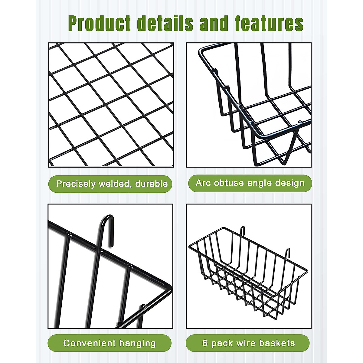 SEMPOMA 6 Pack Black Wire Basket, Hanging wall Basket for Wall Grid Panel, Metal Hanging Baskets for Organizing, Wire Basket for Kitchen Storage, Grid Wall Accessories