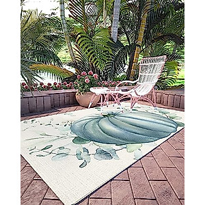 Rustic Blue Pumpkin Large Rectangular Area Rugs 5' x 8' Living Room, Durable Non Slip Rug Carpet Floor Mat for Bedroom Bedside Outdoor Thanksgiving Fall Green Eucalyptus Leaves