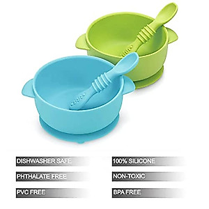 PandaEar Set of 2 Silicone Stay Put Suction Bowls | Large Cup Base| Food Grade Soft Safe BPA-Free Silicone | Babies Toddlers Infants | (Blue & Green)