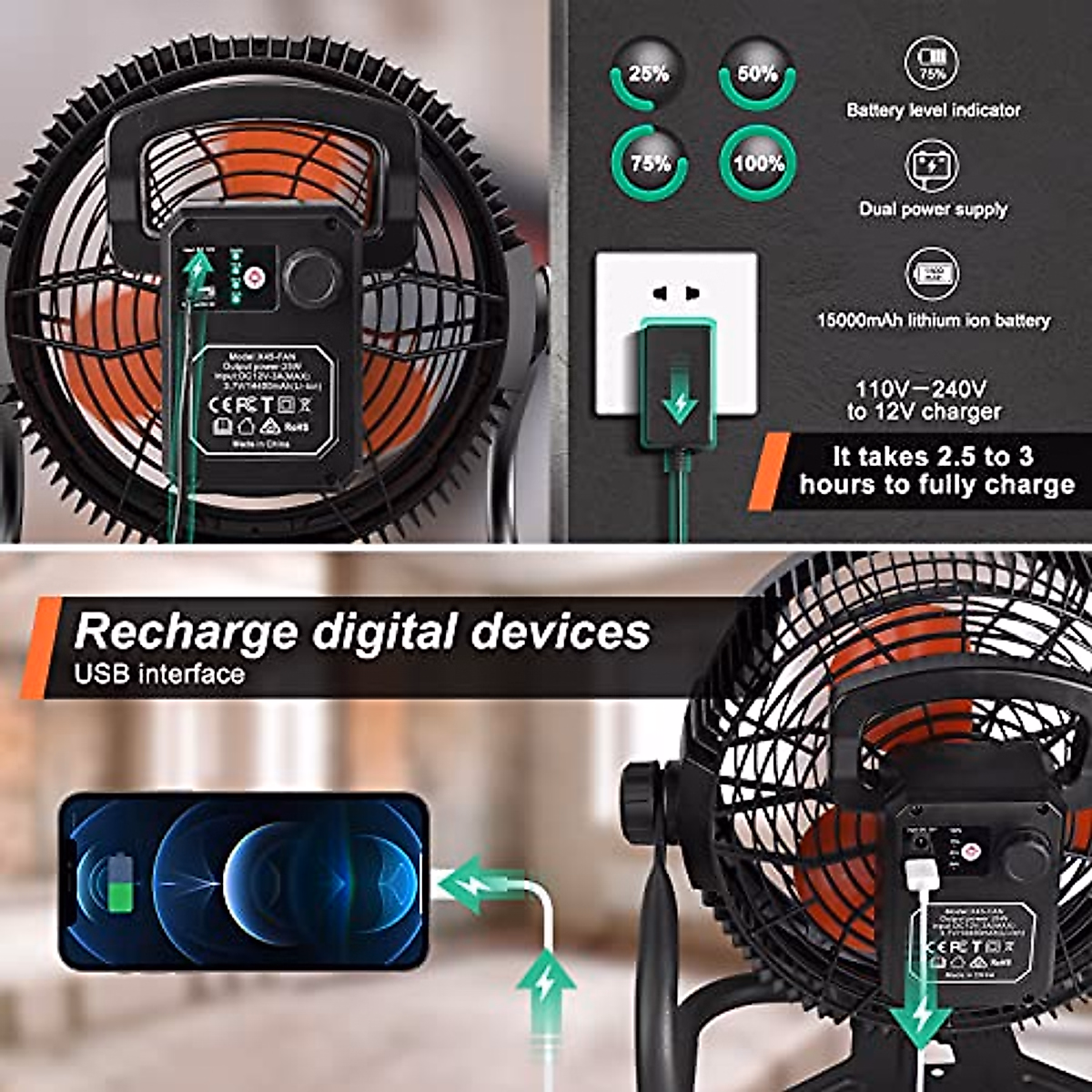 Rovtop 12" High Velocity Floor Fan, Rechargeable Outdoor Indoor Fan, 15000 mAH Cordless Portable Battery Operated Fan Run for 4.5-18 Hours, 360° Adjustable Tilt Industrial Camping Fan with Led Light