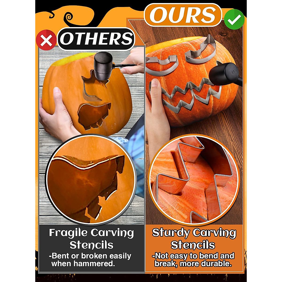 Beeplove Pumpkin Carving Kit - 25 Pcs Safe Pumpkin Carving Stencils with Lights Carving Knive Scooper Hammer, Stainless Steel Carving Tools for Halloween Adults Kids DIY Pumpkins