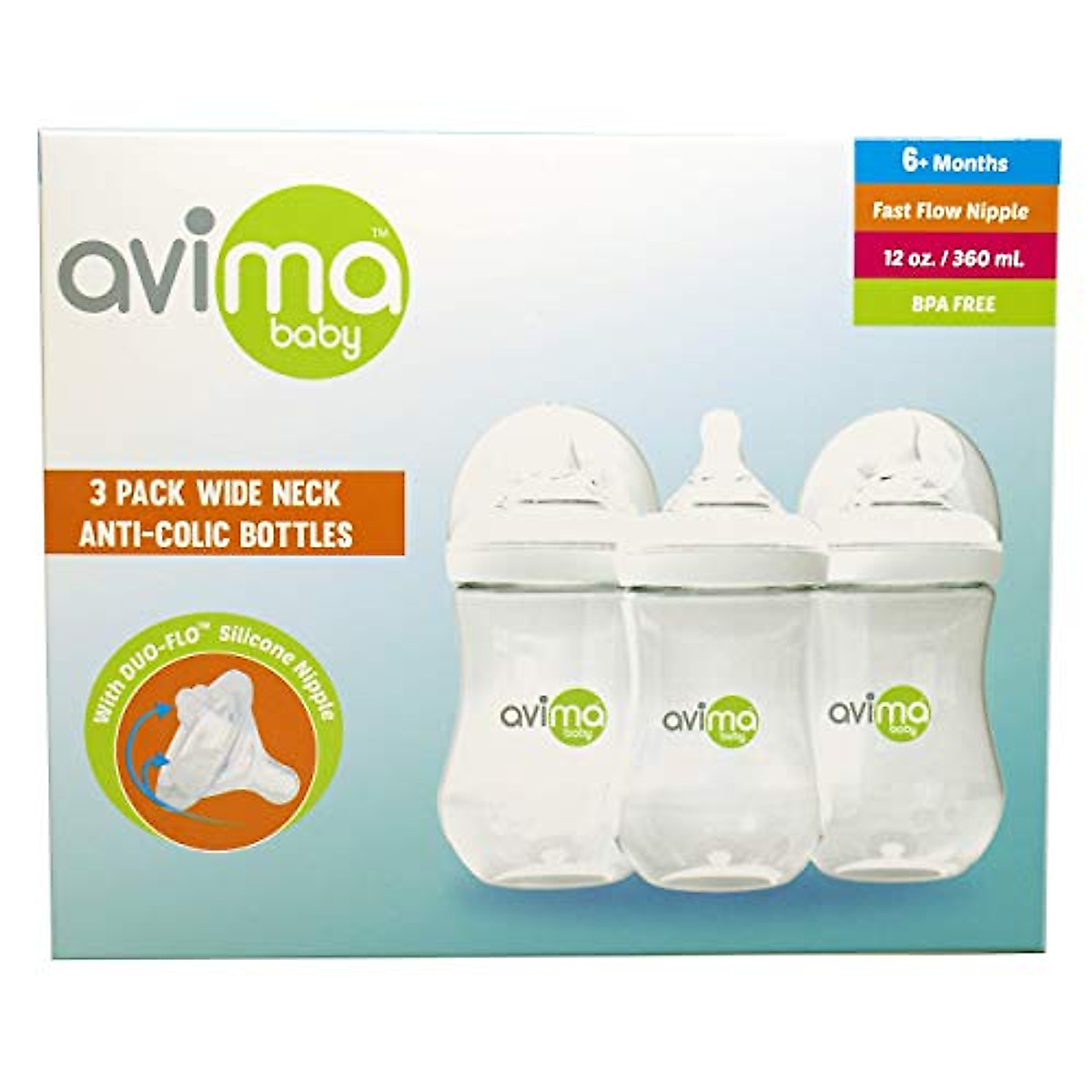 Avima 12 oz Anti Colic Infant Bottles, BPA Free, Wide Neck with Fast Flow Nipples (Set of 3)
