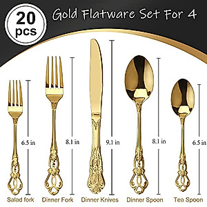 Runfly Gorgeous Retro Royal Gold Stainless Steel 20 Pieces Flatware Set, Golden Silverware Set, Anti-rust Stainless Steel Gold Cutlery Set Utensils Including Fork Spoon and Knife