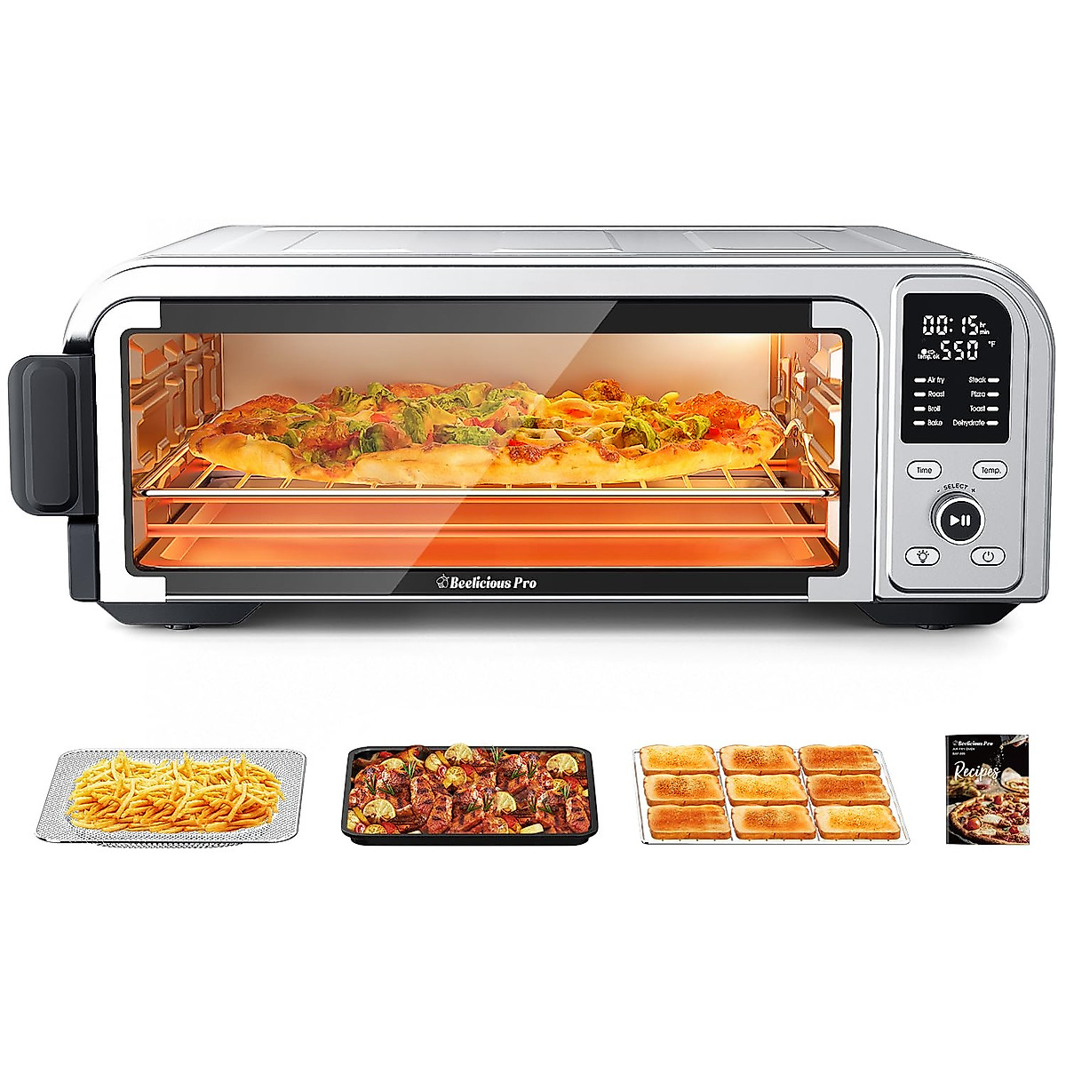 Beelicous Pro 19QT Digital 8-in-1 Air Fryer Toaster Oven, 550°F Flavor-Lock Tech, Flip Up & Away Capability, 40+ Recipes, Airfryer Countertop Oven Combo, 4 Accessories, Fit 13" Pizza, Stainless Steel