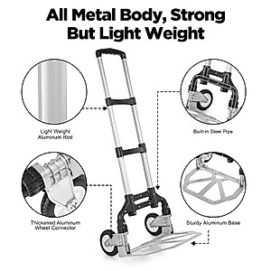 CrazyAnt Foldable Dolly, 175lbs Portable Folding Hand Truck, Lightweight Aluminum Luggage Cart with 2 Wheels for Outdoor Moving Travel