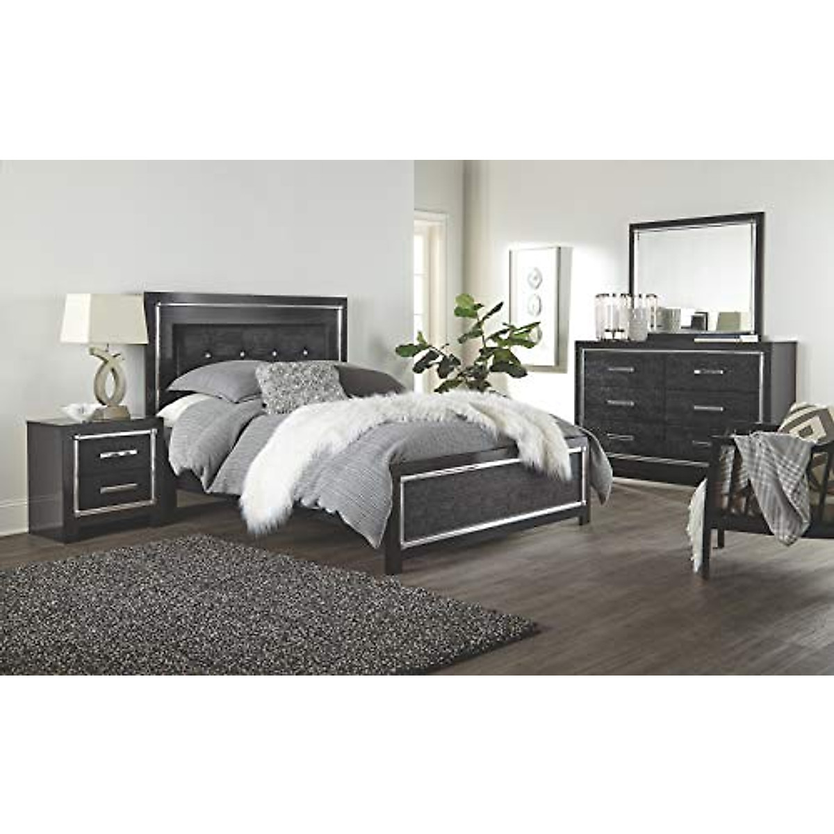 Signature Design by Ashley Kaydell Glam 2 Drawer Nightstand with Faux Alligator Panels & Chrome-Tone Accents, Black