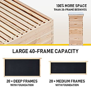 CREWORKS Bee Hive Boxes Starter Kit, Langstroth Beehive for Bee Keeping, 4 Layer Bee House with 20 Medium and 20 Deep Frames & Foundations, Beekeeping Supplies with Plastic Queen Excluder and Nails