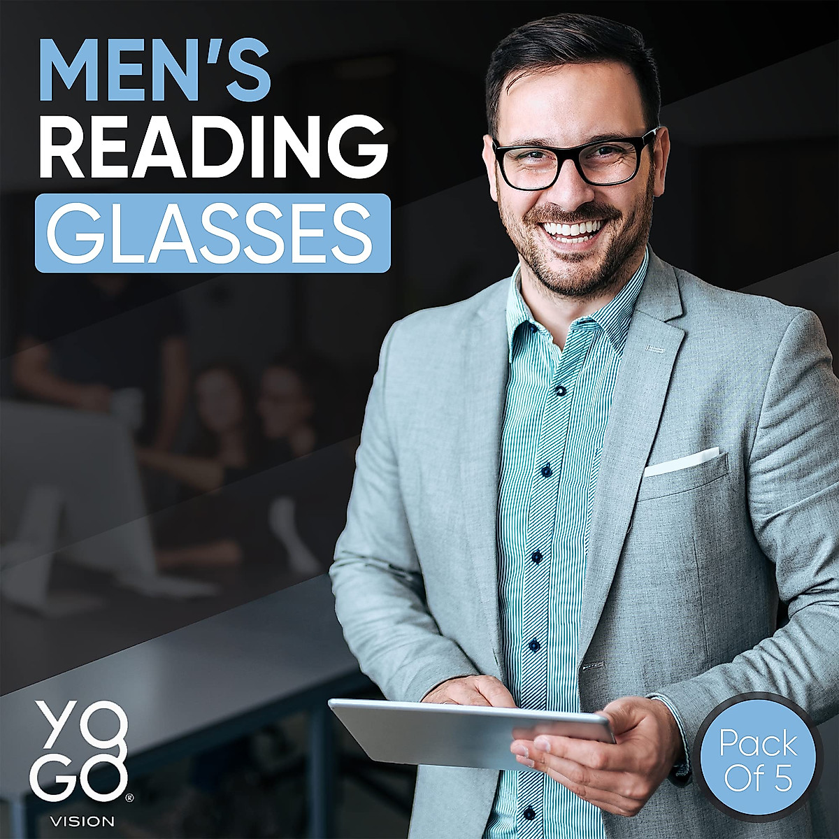 Yogo Vision Reading Glasses Men Women Readers Lightweight Eyeglasses Standard Fit Rectangle Style Anti Glare Filter 5 Pairs Black 2