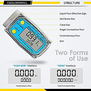 CGOLDENWALL 1inch Water Flow Meter 1" Digital Fuel Flowmeter Inline, 1" FNPT Inlet/Outlet, Measuring Range 2.5-26GPM, Flow Meter for Water Diesel Kerosene Gasoline, 1inch