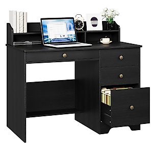 TTVIEW Computer Desk with Drawers and Hutch Shelf, Wood Executive Desk Writing Study Table with 43” Wide Tabletop, Small Desk with File Drawer for Home Office Bedroom, Black