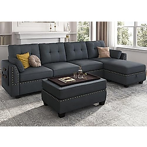 HONBAY Convertible Sectional Sofa Couch Set L-Shape Sofa Couch Set 4 Seat Sofa Sectional with Storage Ottoman for Living Room,Bluish Grey (Sectional+Tray Ottoman)