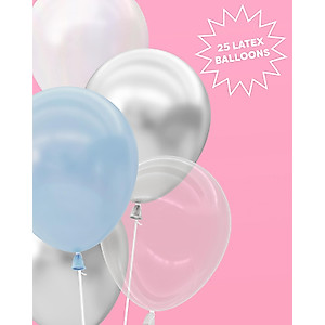 xo, Fetti Blue, Pearl White, Clear, Silver, Latex Balloons - 25 pk, 12" | Cloud Nine Bachelorette Party Decorations, Birthday Party Supplies, Bridal Shower, Boy Baby Shower, Winter Holiday