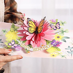 Pop Up Birthday Cards For Women&Wife, Beautiful Flowers and Monarch Butterfly, Elegant, Floral 3D Happy Birthday Greeting Cards, Ideal Gift for Mom, Sister, Her, Grandma, Aunt, Daughter, Stepmother