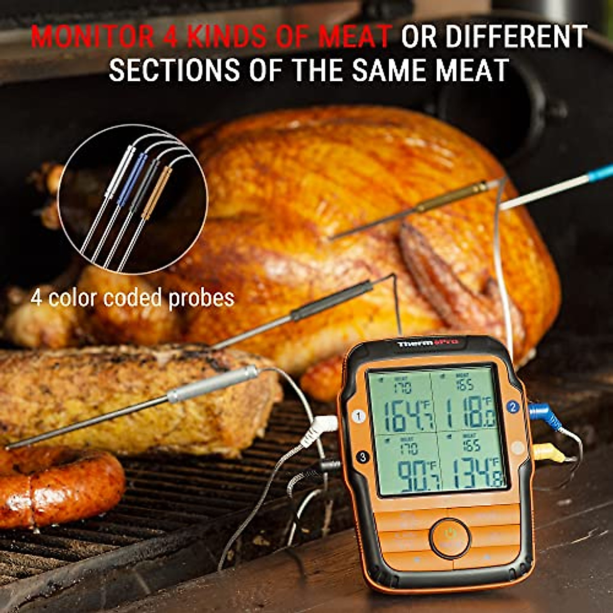 ThermoPro TP27 500FT Long Range Wireless Meat Thermometer for Grilling and Smoking with 4 Probes Smoker BBQ Grill Kitchen Food Cooking Thermometer for Meat
