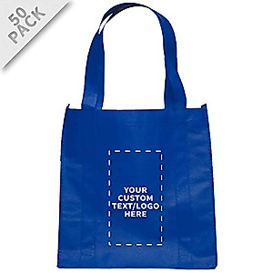 DISCOUNT PROMOS Custom Reusable Grocery Tote Bag for Shopping - 50 Pack - Personalized Logo, Text -Small Foldable Bags – Blue