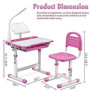 LINKLIFE Kids Functional Desk and Chair Set, Height Adjustable Children School Study Desk with Tilt Desktop, Bookstand, Pencil Case,LED Light, Metal Hook and Storage Drawer for Boys Girls (Pink)…