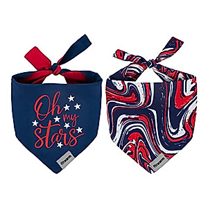 Fitwarm Oh My Stars 2 Pack Reversible Dog Bandana, 4th of July Dog Triangle Bibs Scarf for Medium Dogs Boy Girl, Cat Kerchief, Red Blue White, Medium