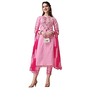 FamLady Embroidered Kurti Set with Pant and Dupatta Indian Art Silk Kurtis for Women (as1, alpha, m, regular, regular, Pink)