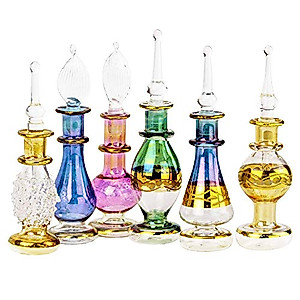 NileCart Egyptian Perfume Bottles Wholesale Set Of 6 Size 2” (5 cm) mouth-blown with handmade golden Egyptian decoration for Perfumes & Essential Oils
