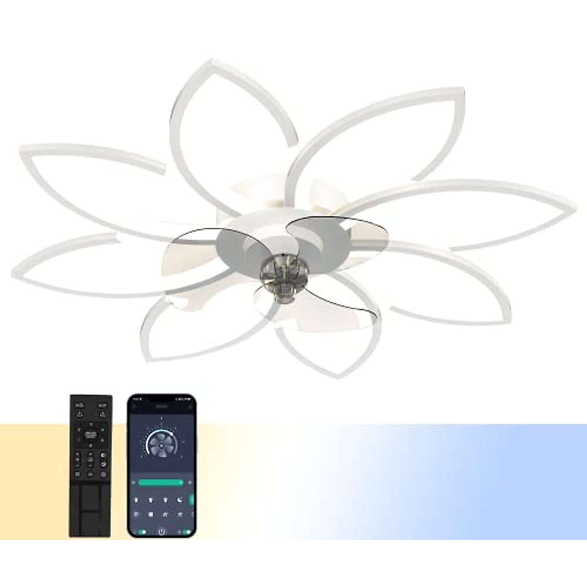 Pitosar 35.43" Modern Ceiling Fans with Lights with Remote APP Control, Adjustable Brightness LED Flush Mount Ceiling Lights for Living Room, Bedroom, White