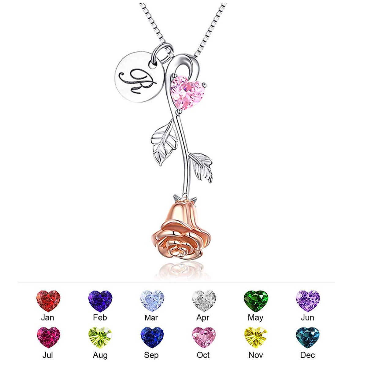 Getname Necklace Personalized Rose Heart Birthstone Necklace with A Initial Round Tag 925 Sterling Silver for Her Women Valentine?¡¥ Day Gifts