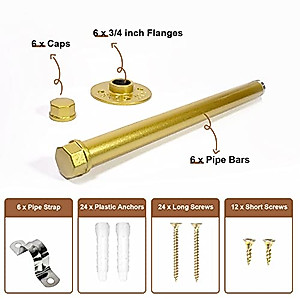 Pintuson 6 Pcs Industrial Pipe Clothes Bar 12 Inch - Wall Mount Clothing Rack - Face Out Closet Rods for Hanging Clothes Commercial Retail Boutique Laundry Shirt Display - Golden